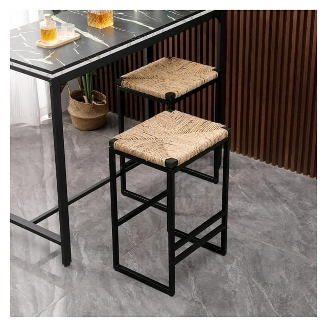 Metal Bar Stools Set of 2, Rattan Counter Height Stools with Woven Seat ...