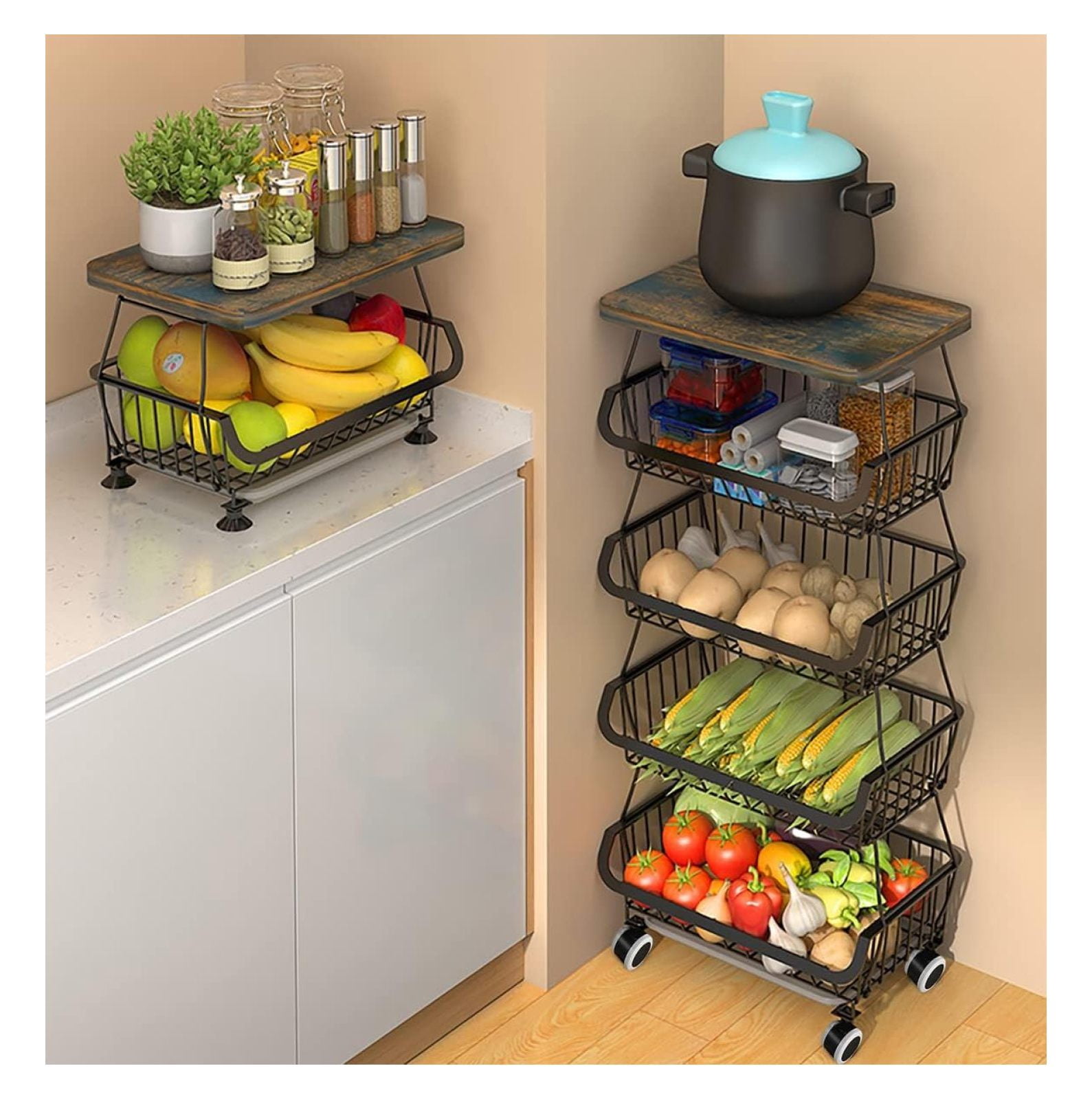 Metal Basket Rack with Wood Top, Rolling Storage Organizer Cart - Fruit ...
