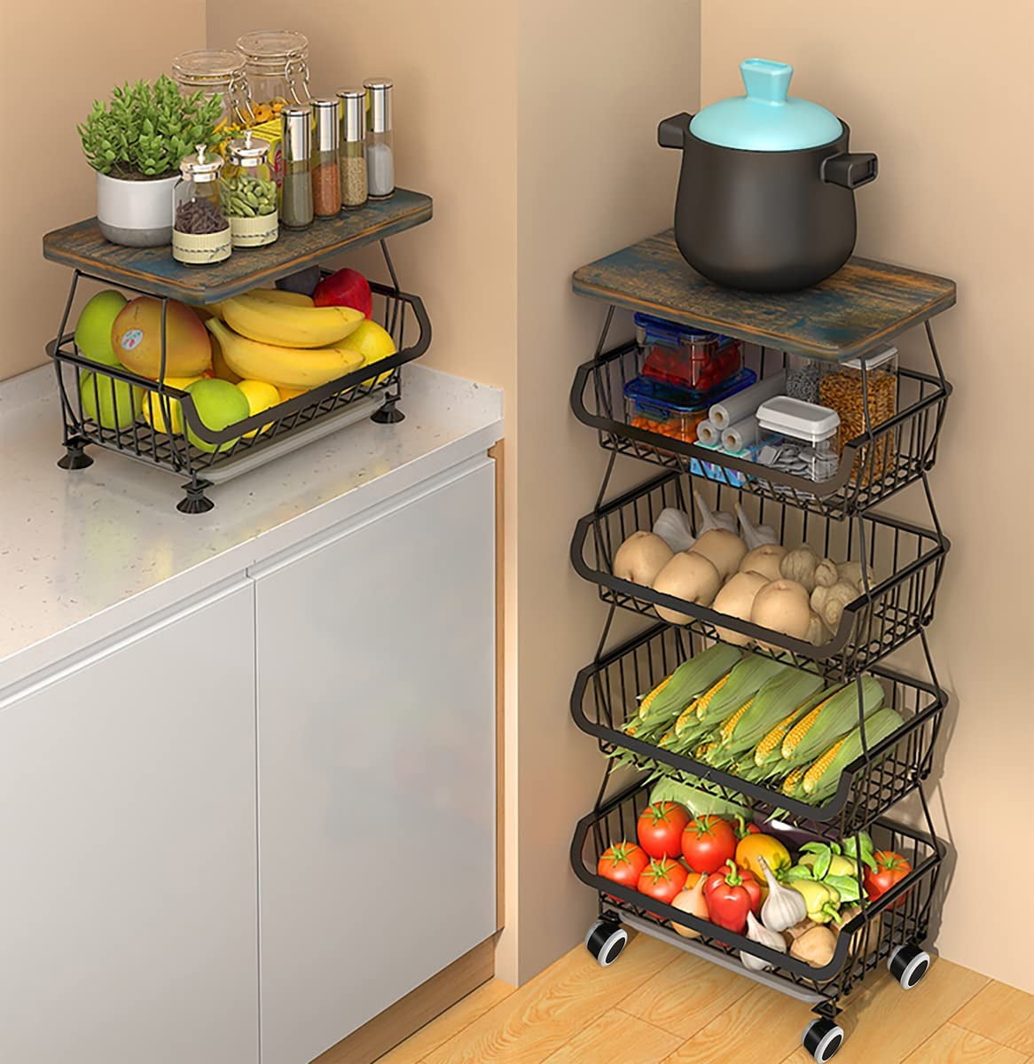 Metal Baskets Rack with Wood Top Rolling Stackable Baskets with Wheels ...