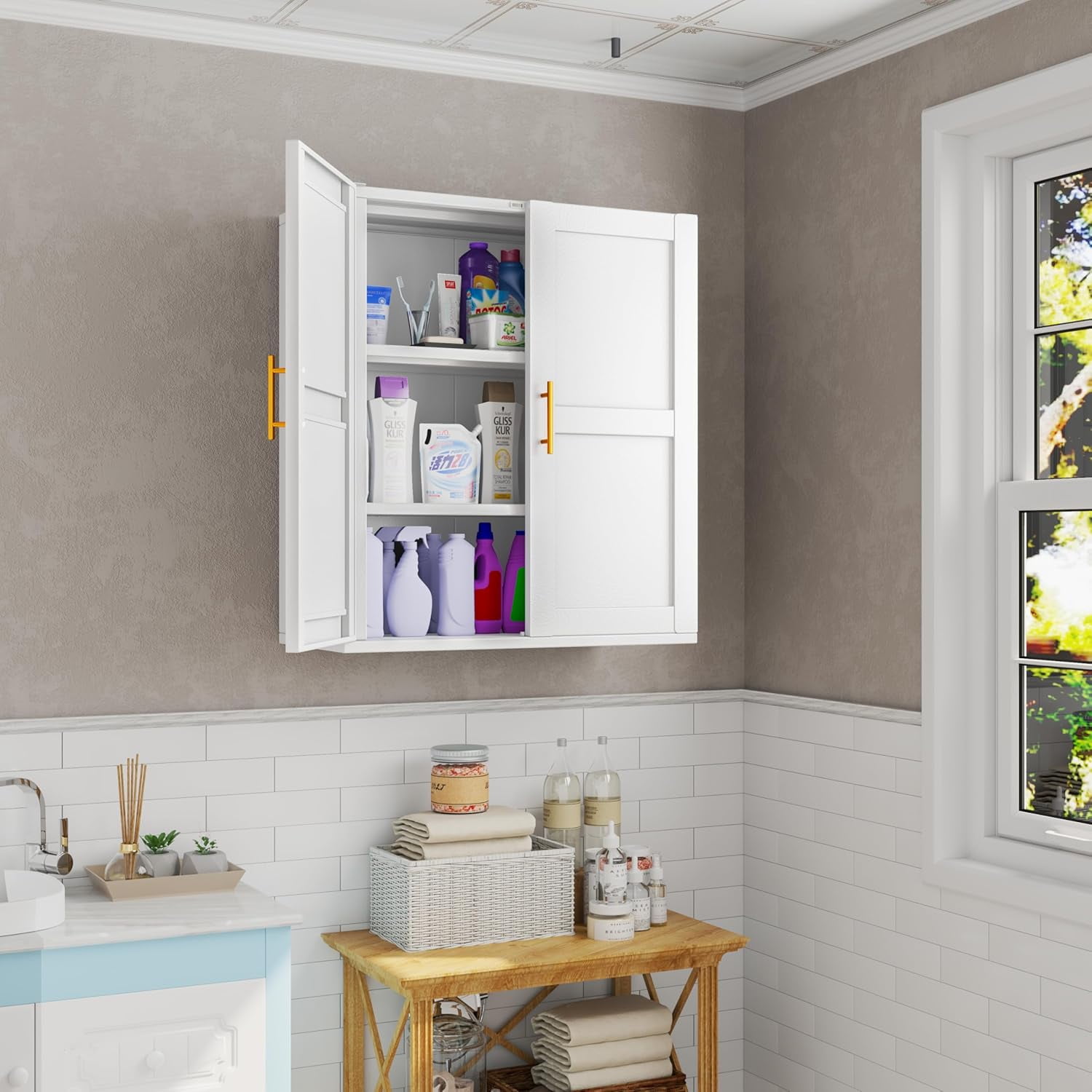 Metal Bathroom Cabinet Wall Mounted,Hanging Cabinet with 2Door and Adjustable Shelves,Over The ...