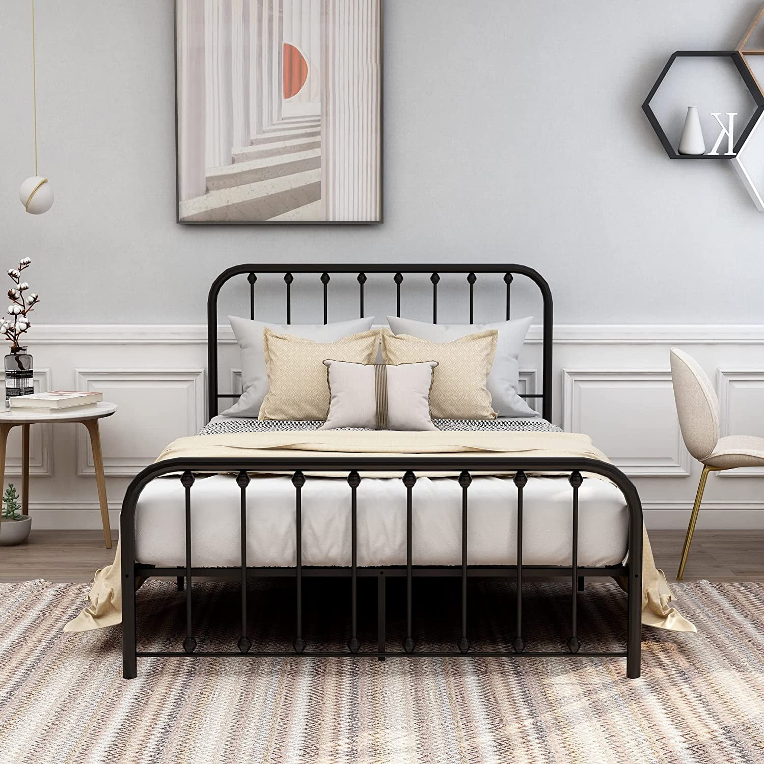 Metal Bed Frame Full Size with Vintage Headboard Footboard Solid Sturdy ...