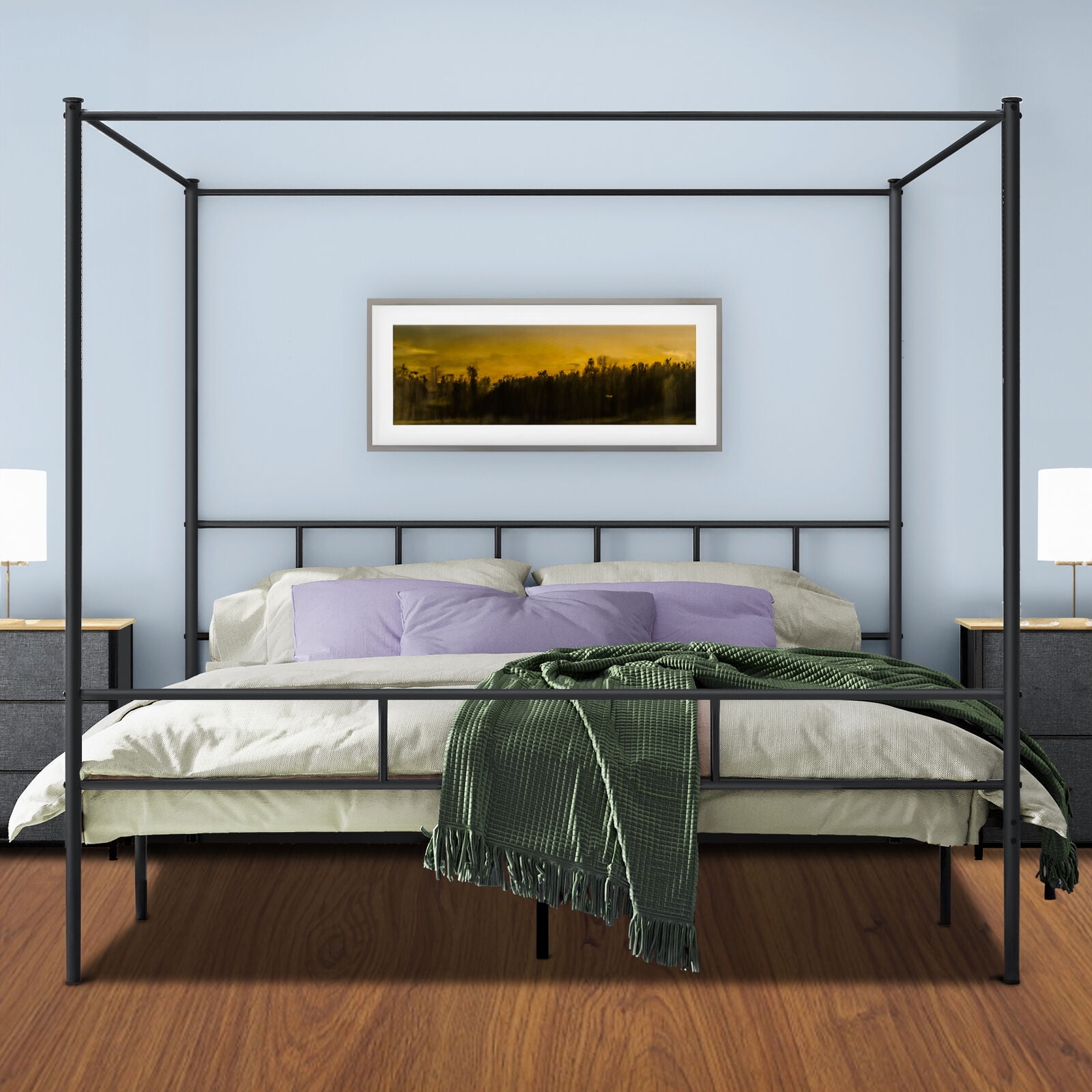 Metal Bed Frame King Size Four Poster Canopy Platform w/Built-in ...