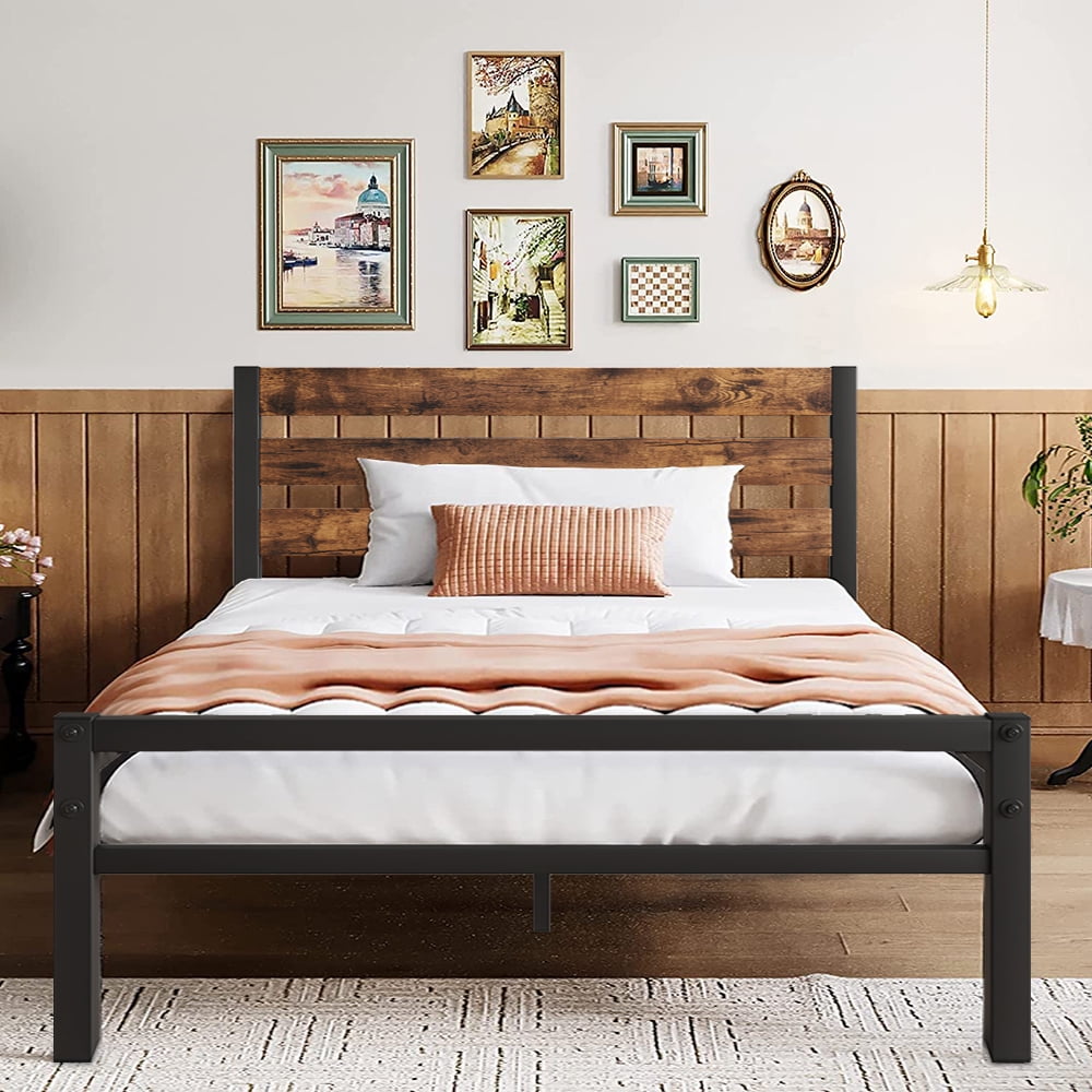 SESSLIFE Queen Size Iron Bed Frame with Headboard, Black Platform ...