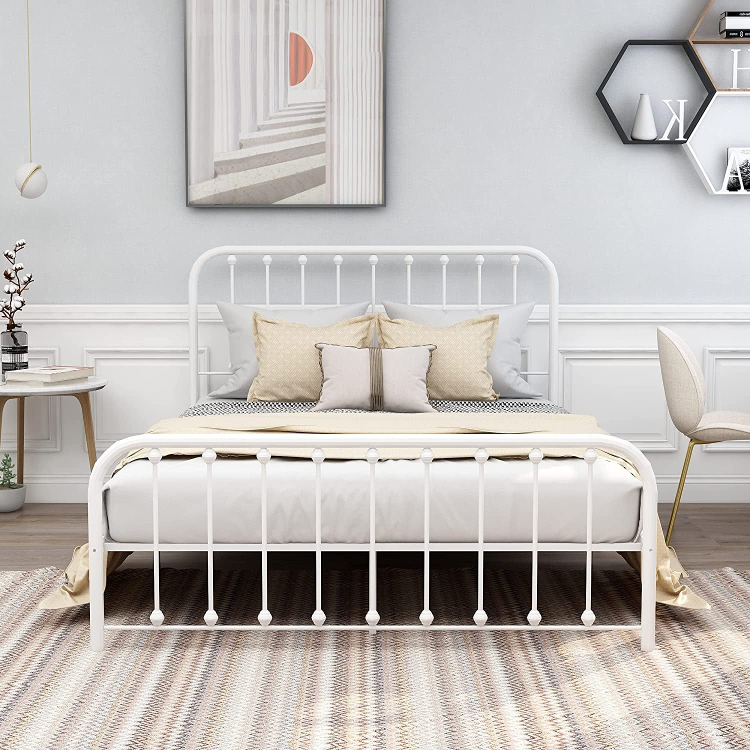 Metal Bed Frame Queen Size with Vintage Headboard Footboard Solid ...