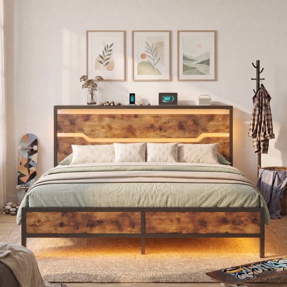 Metal Bed Frame Queen with Wood Headboard and Footboard Bed Frame with ...