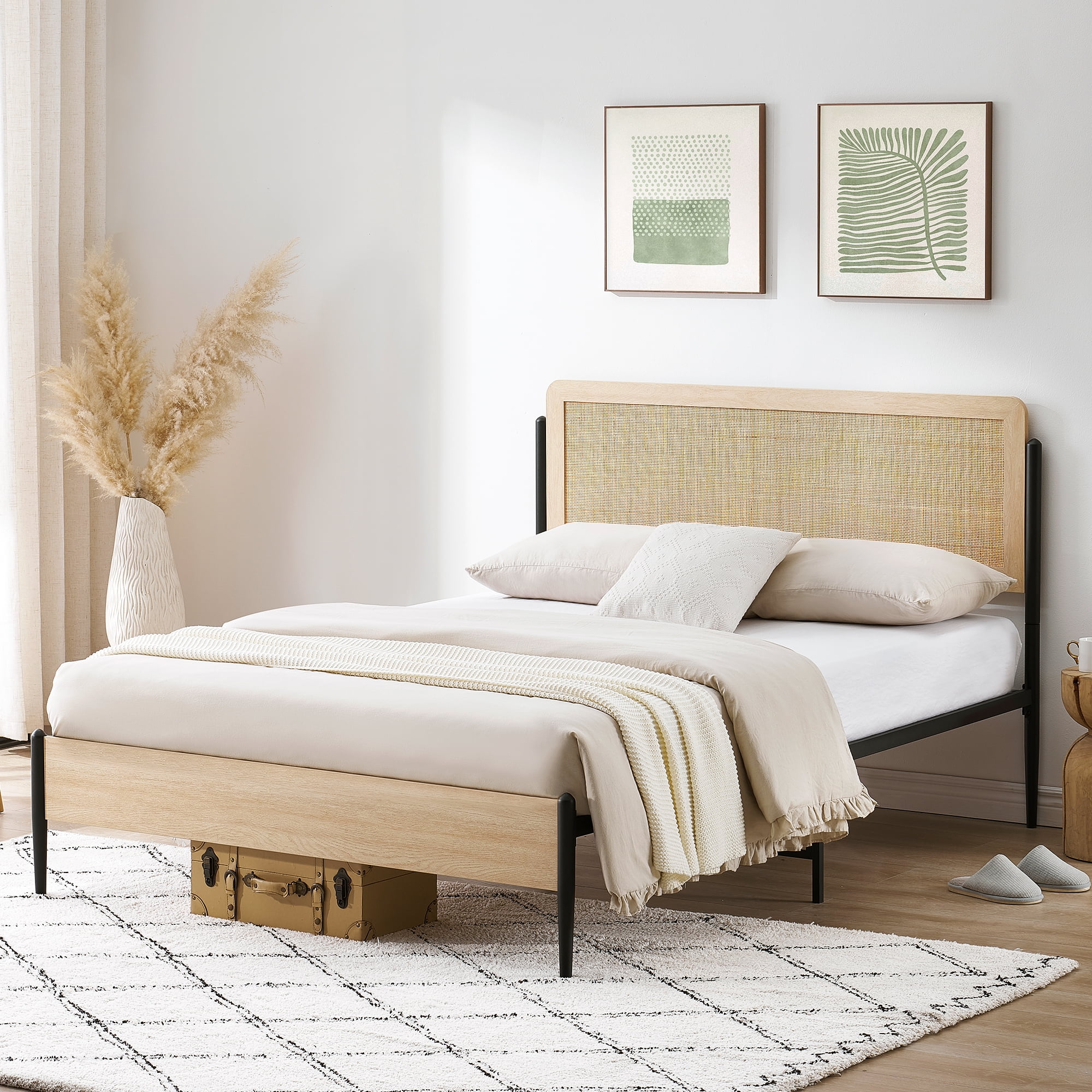 Walmart Modern Queen Bed Frame with Rattan Headboard, Iron & MDF, Under ...
