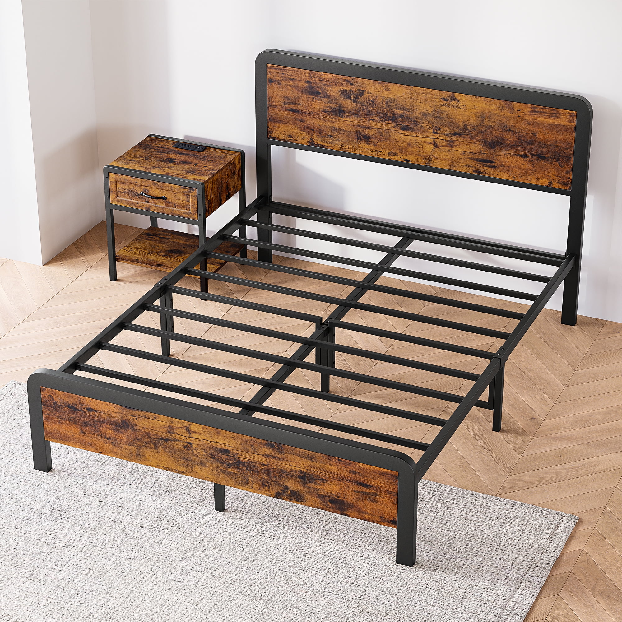 Metal Bed Frame with Wood Headboard & Footboard, Platform Bed Frame ...