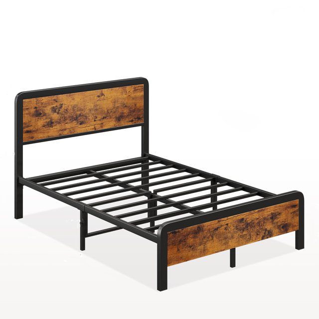 Metal Bed Frame with Wood Headboard & Footboard, Platform Bed Frame ...