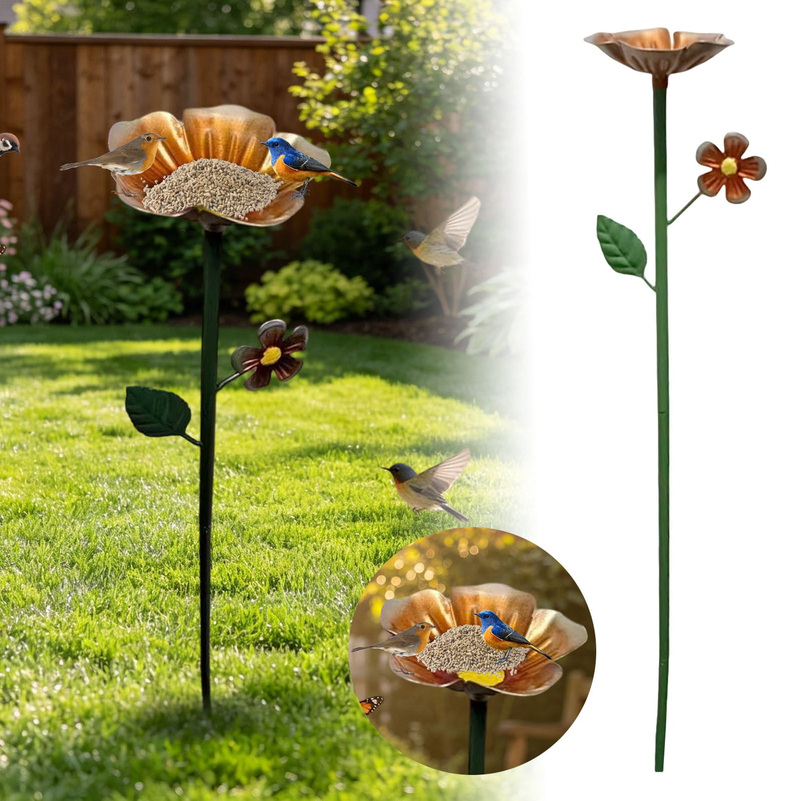 Metal Bird Bath Stake Flower Shaped Garden Bird Feeder & Waterer ...