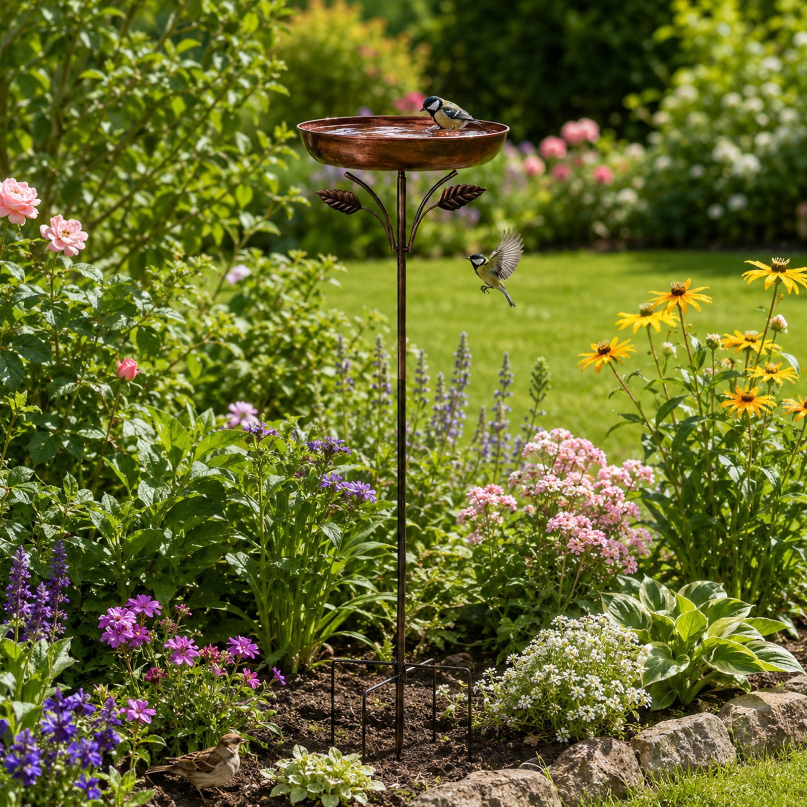 Metal Bird Bath for Outdoors, 12" Dia Bowl with Stable Upgrades Stake ...