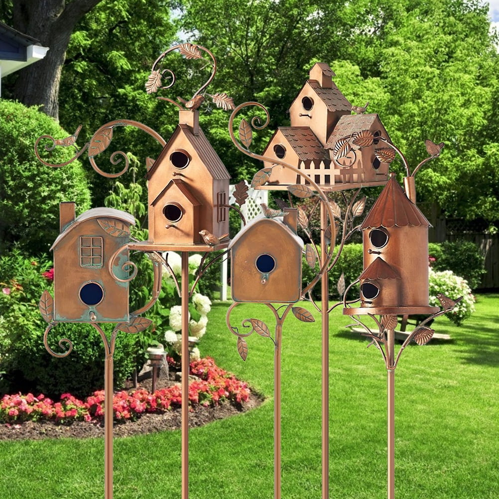 Metal Bird House with Pole Art Cottage Bird House Stakes Hummingbird ...
