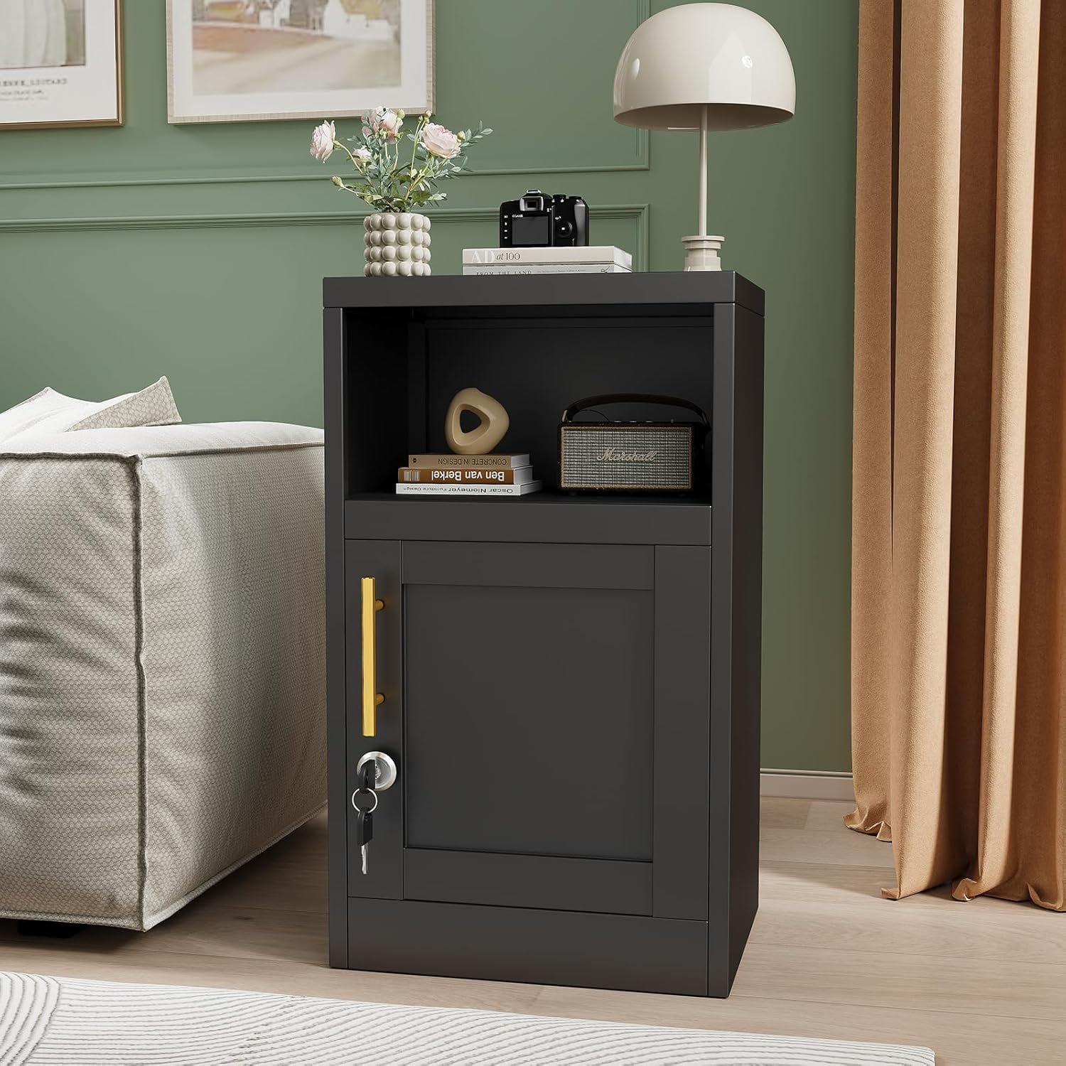 Metal Black Nightstand with Lock, Lock Storage Cabinet,28" Modern Side ...