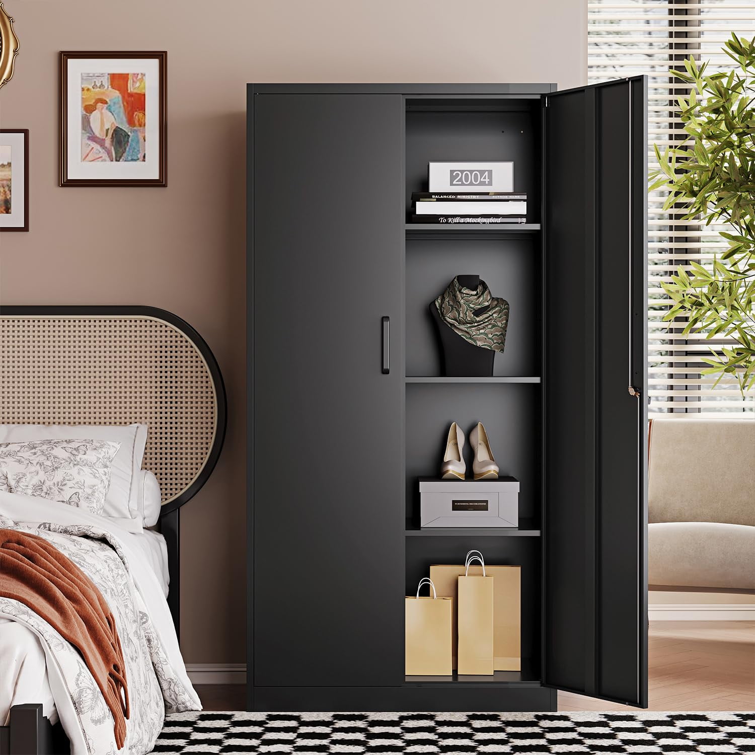 Metal Black Storage Cabinet with Adjustable Shelves and Lock Door-Metal ...