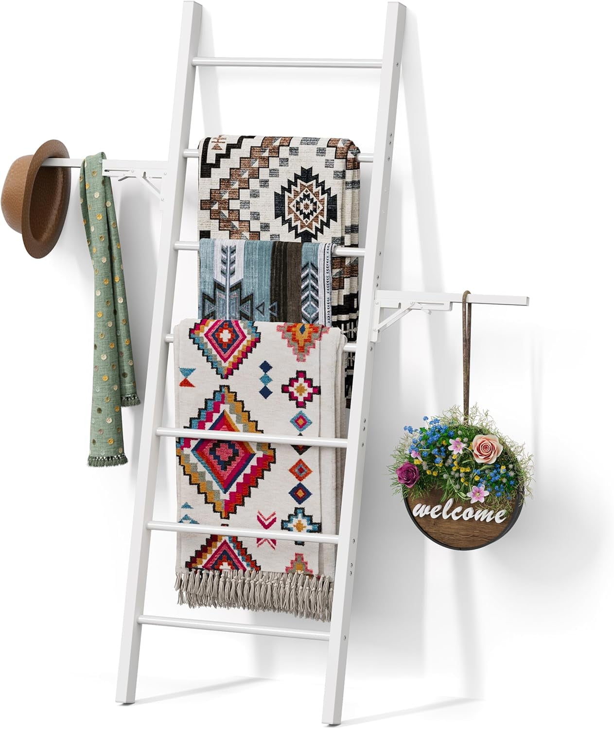 Metal Blanket Ladder, 7-Tier Towel Rack with Ajustable Side Rack ...