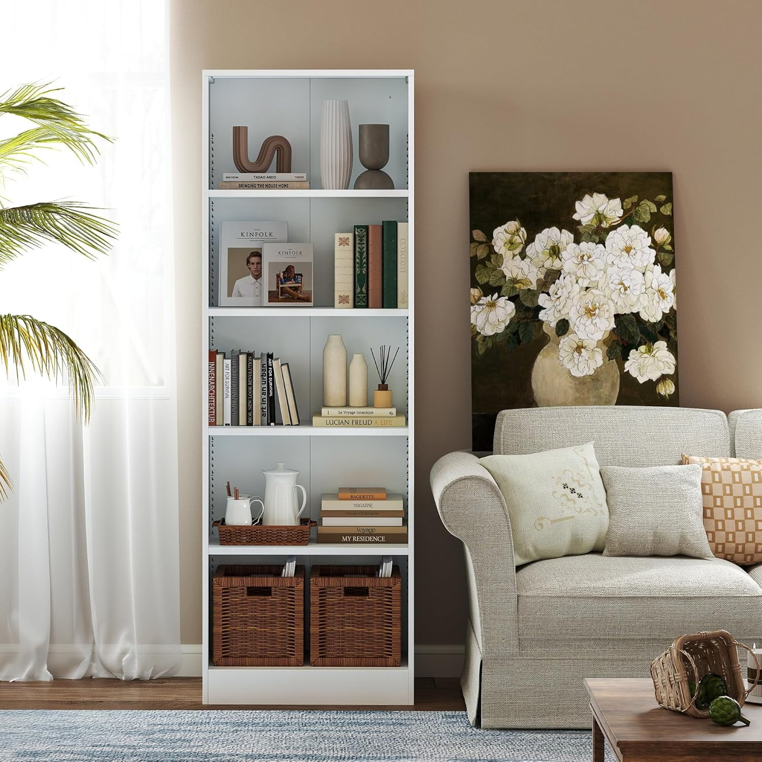 Metal Bookcase with Back Panel, 5 Tier Open Shelf Bookcase with ...