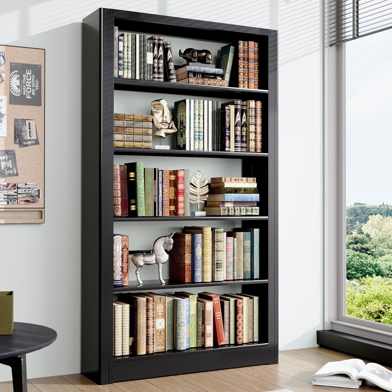 Metal Bookshelf, 5 Tier Black Bookcase with Adjustable Storage Shelves ...