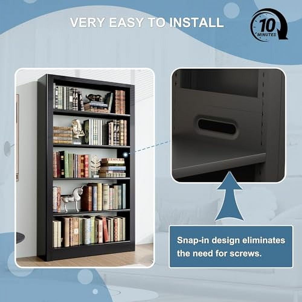 Metal Bookshelf, 5 Tier Black Bookcase with Adjustable Storage Shelves ...