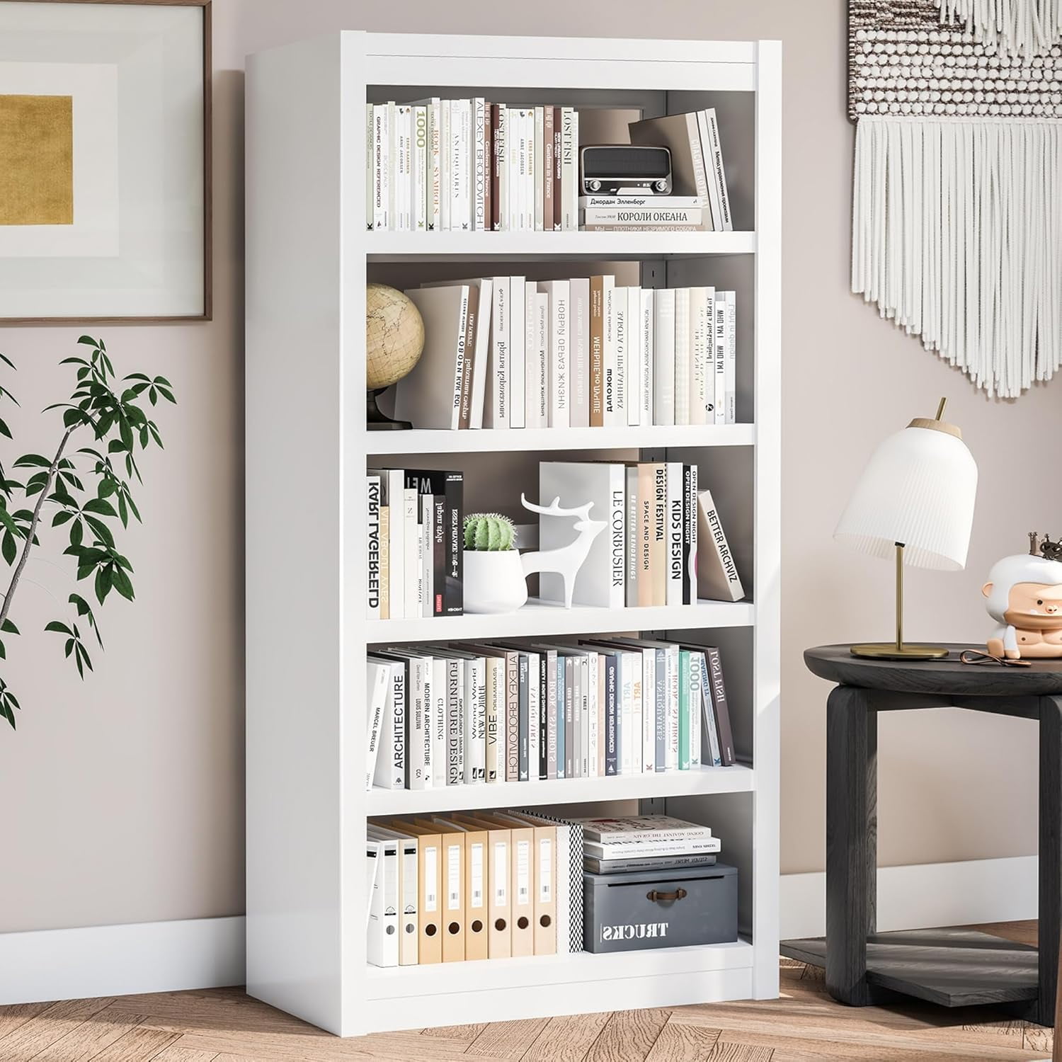 Metal Bookshelf, 5-Tier Bookcase with Adjustable Storage Shelves, White ...