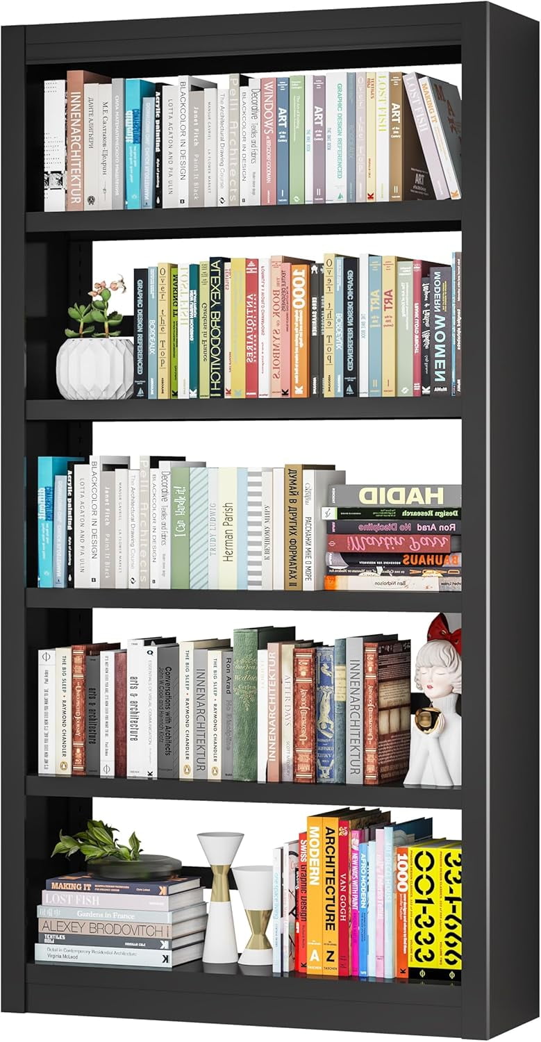 Metal Bookshelf - Adjustable Black Bookcase, 5 Tier Book Shelf, Heavy ...
