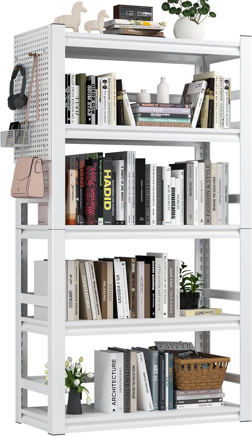 Metal Bookshelf, Heavy Duty White Bookshelf with Side Pegboard and ...