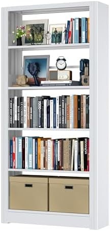 Metal Bookshelves and Bookcases, 5 Shelf Bookcase, Tall White Book ...