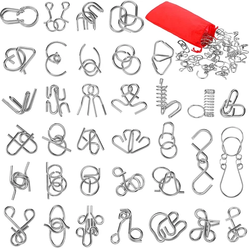 Metal Brain Teaser Puzzles Set of 36 with Pouch, Steel IQ Games Physics ...