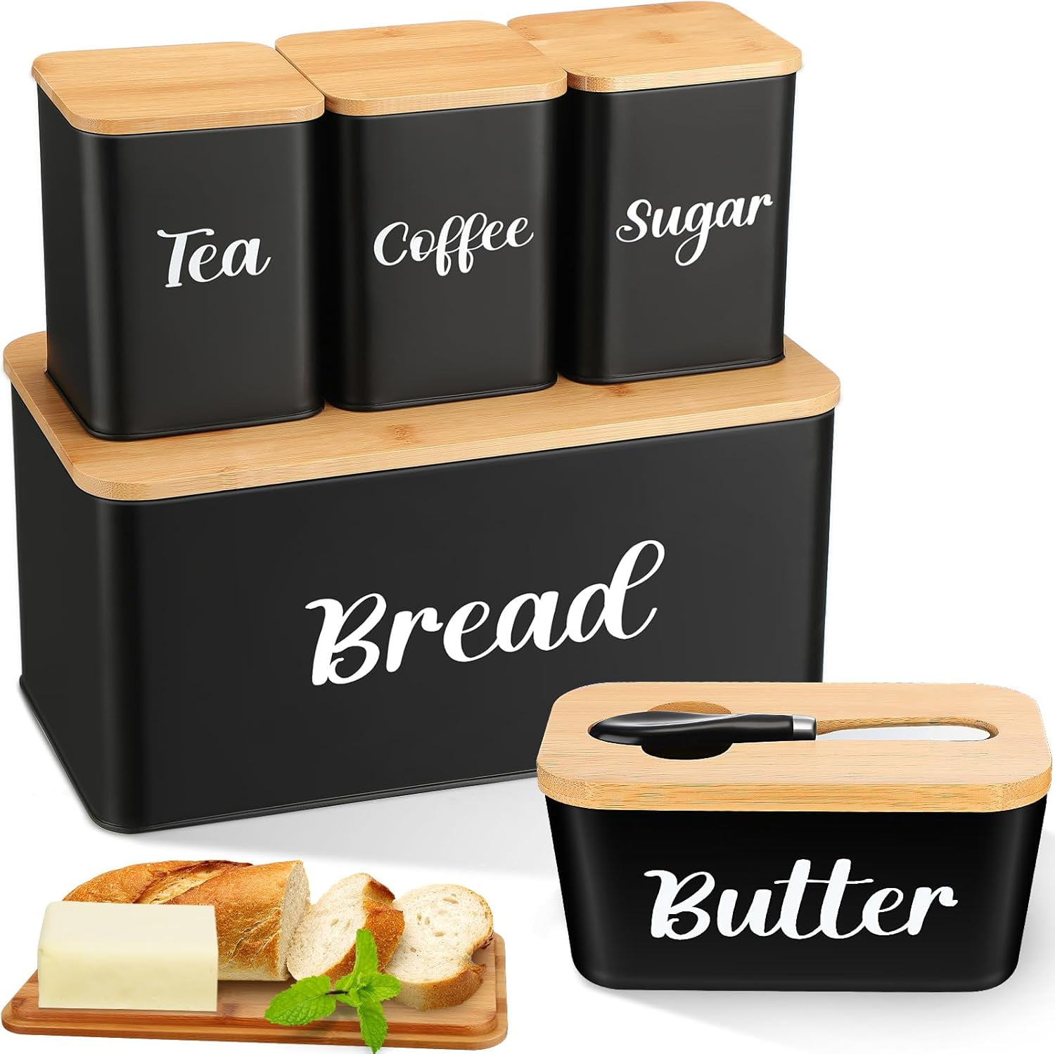 Metal Bread Box and Ceramic Butter Dish with 3 Airtight Kitchen ...