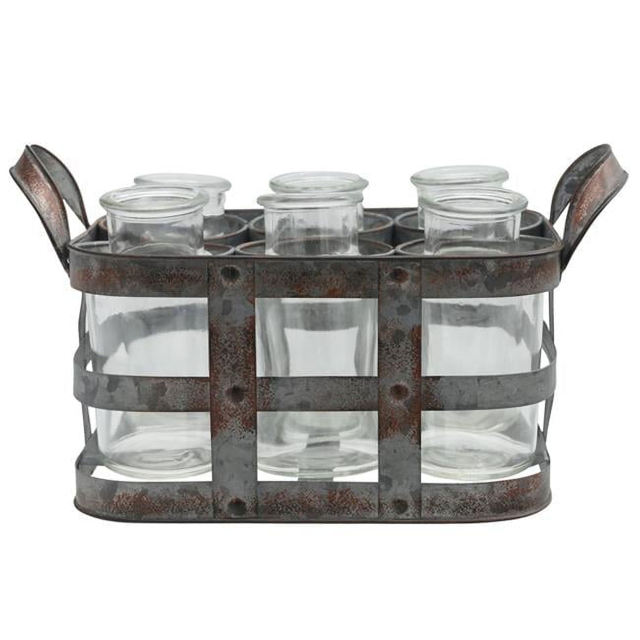 Metal Bud Vase Holder with Side Handles & 6 Clear Round Bottles ...