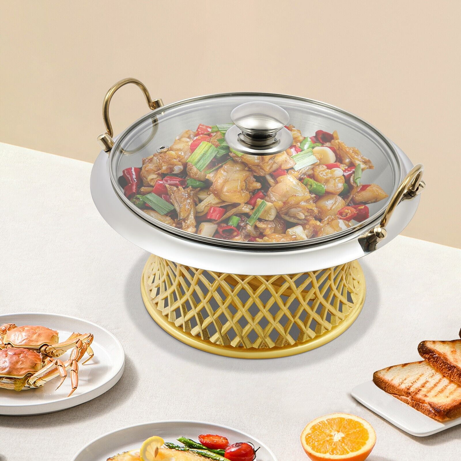 Metal Buffet Chafing Dish, Gold, Tabletop Round Chafing Dish with Clear ...