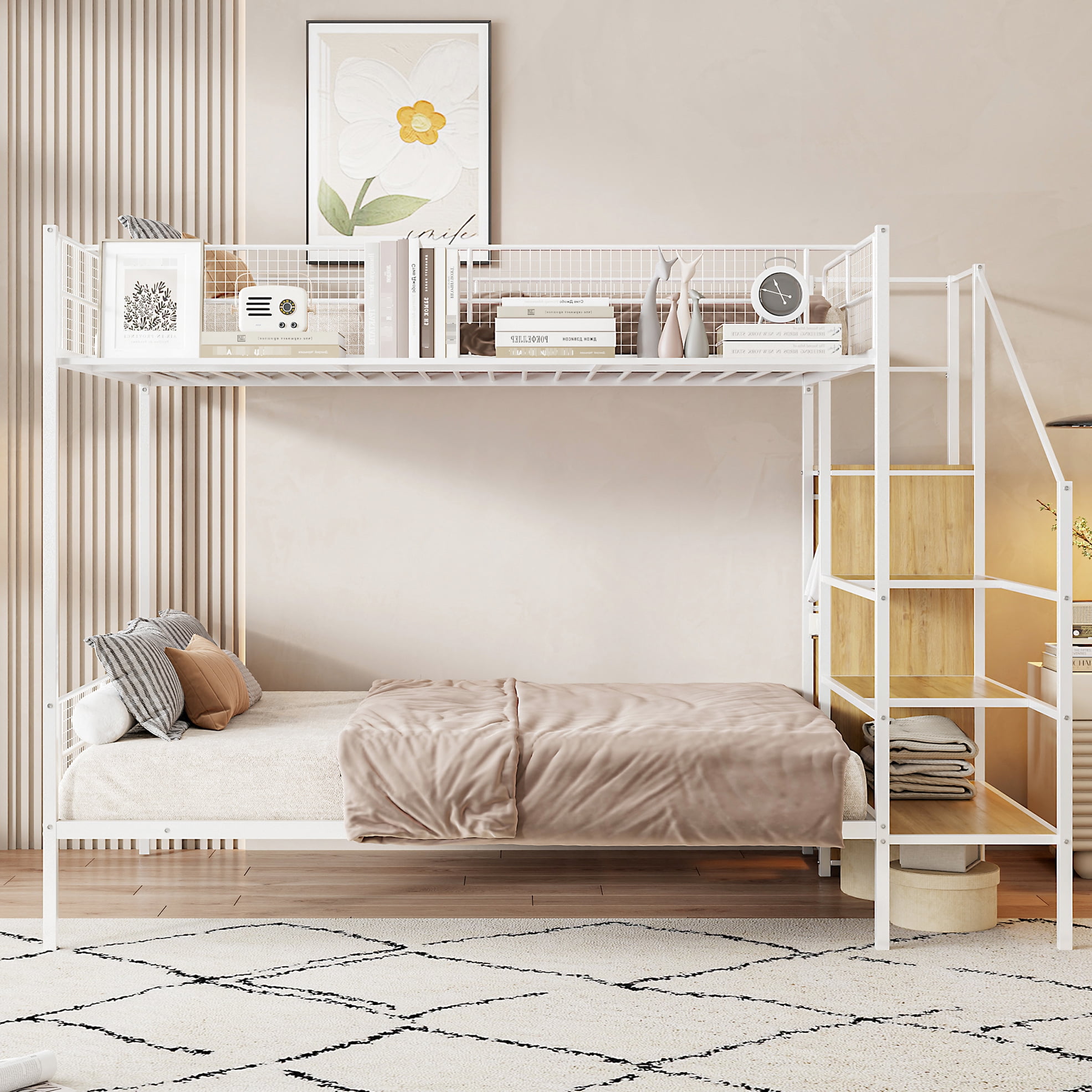 Metal Bunk Bed In White With Size Base And Twin Top Wire Shelving ...