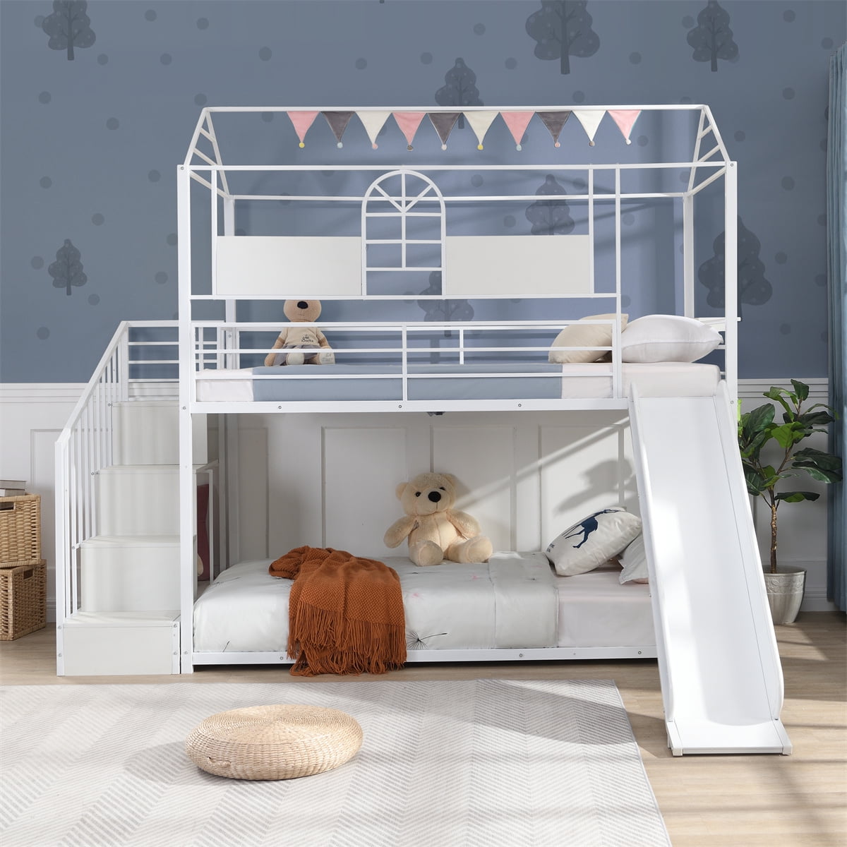 Metal Bunk Bed with Slide and Steps,Twin Over Twin Bunk Bed with ...