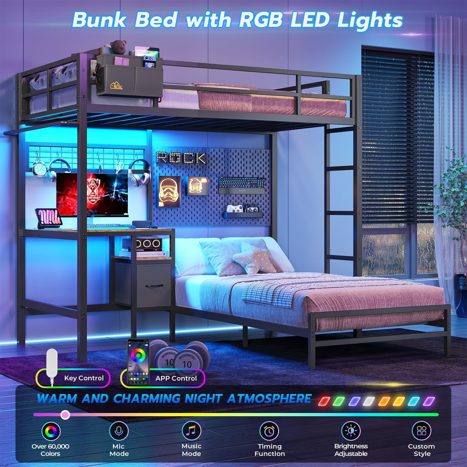 Metal Bunk Bed Twin Over Twin Size with Desk L-Shaped Bunk Bed with Led ...