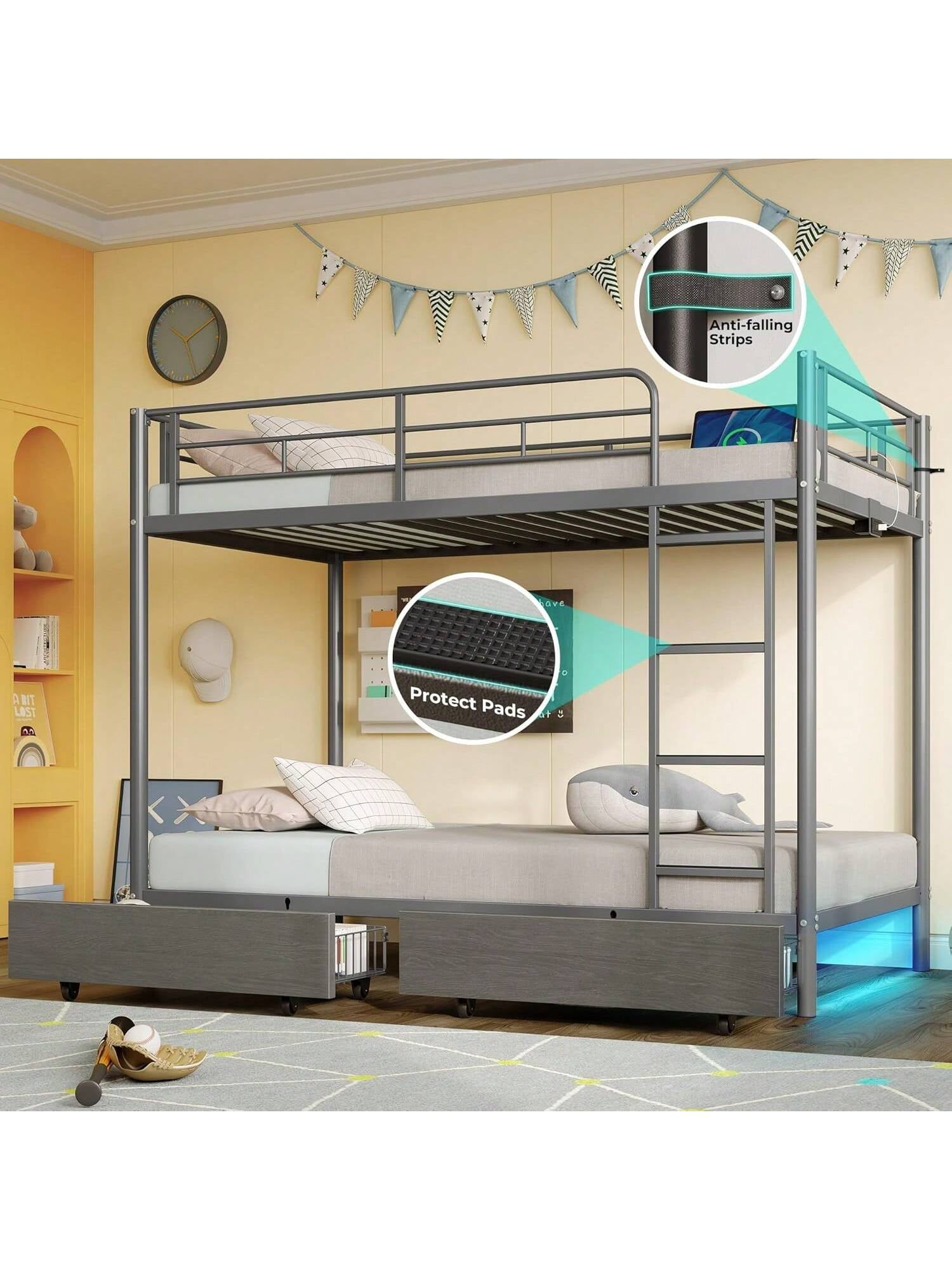Metal Bunk Bed Twin Over Twin With USB Charging Station, LED Bunk Bed ...