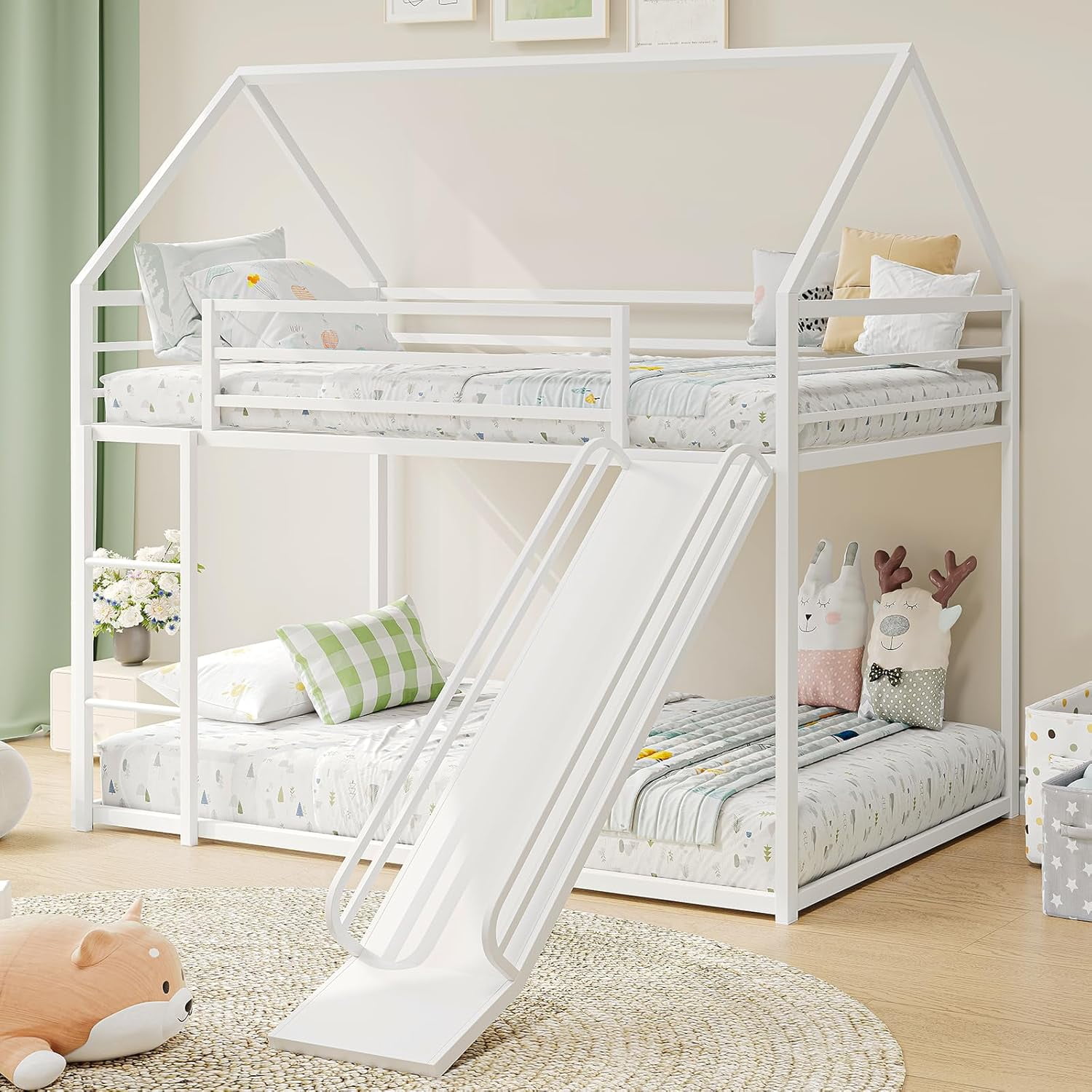 Metal Bunk Bed with Convertible Slide & House Roof Design - Twin-Over ...