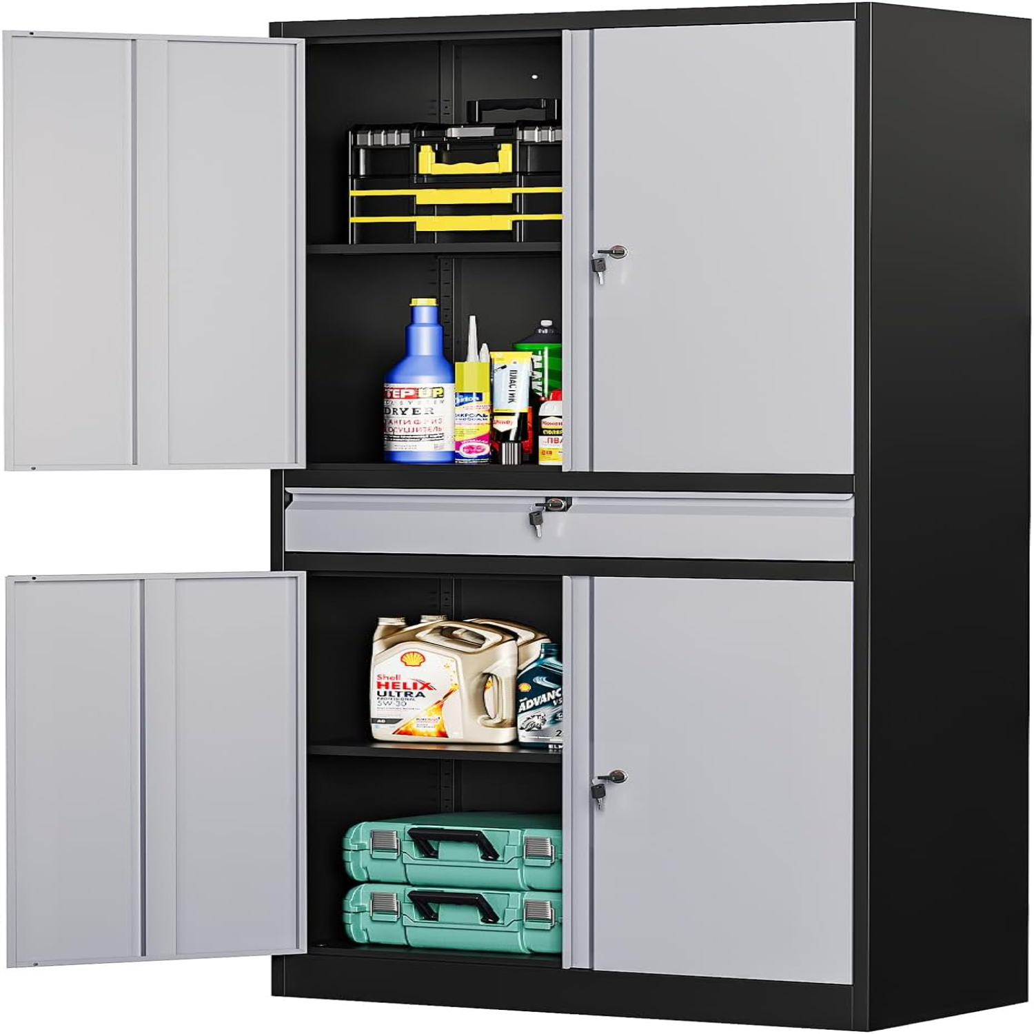 Metal Cabinet with Locking Doors 72'' Tall Blue Steel Cabinet with 5 ...