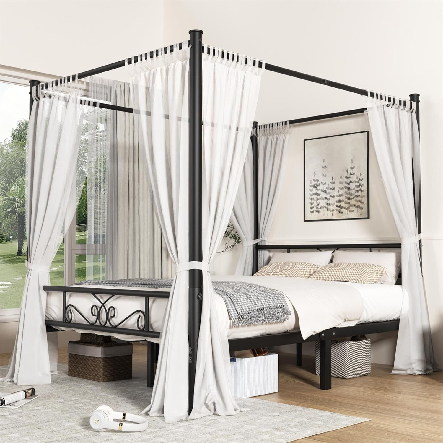Metal Canopy Bed Frame Full Size, Four-Poster Canopied Platform Bed ...