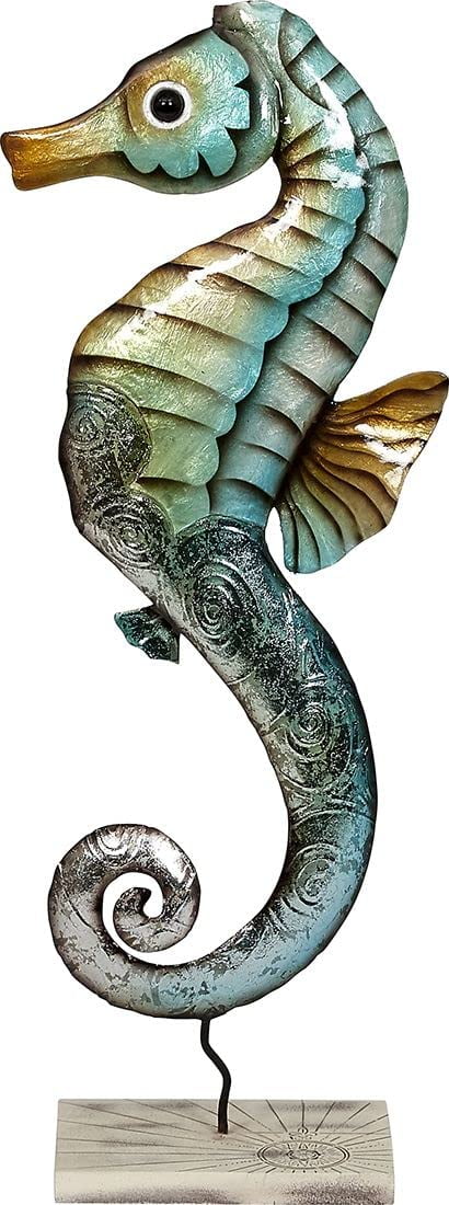 Metal & Capiz Shells Decor, Rustic Seahorse on Stand 7x18" - Nautical ...