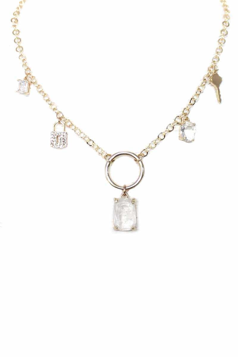 Metal Chain Crystal Stone Lock And Key Dangle Necklace Rhodium ...