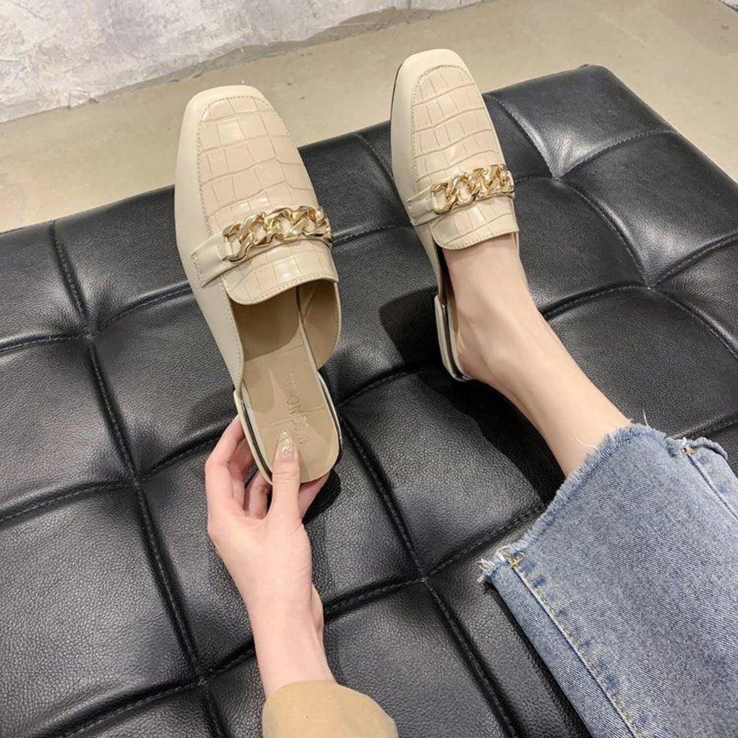 Metal Chain Decorative Square Toe Half Slippers - Walmart.com