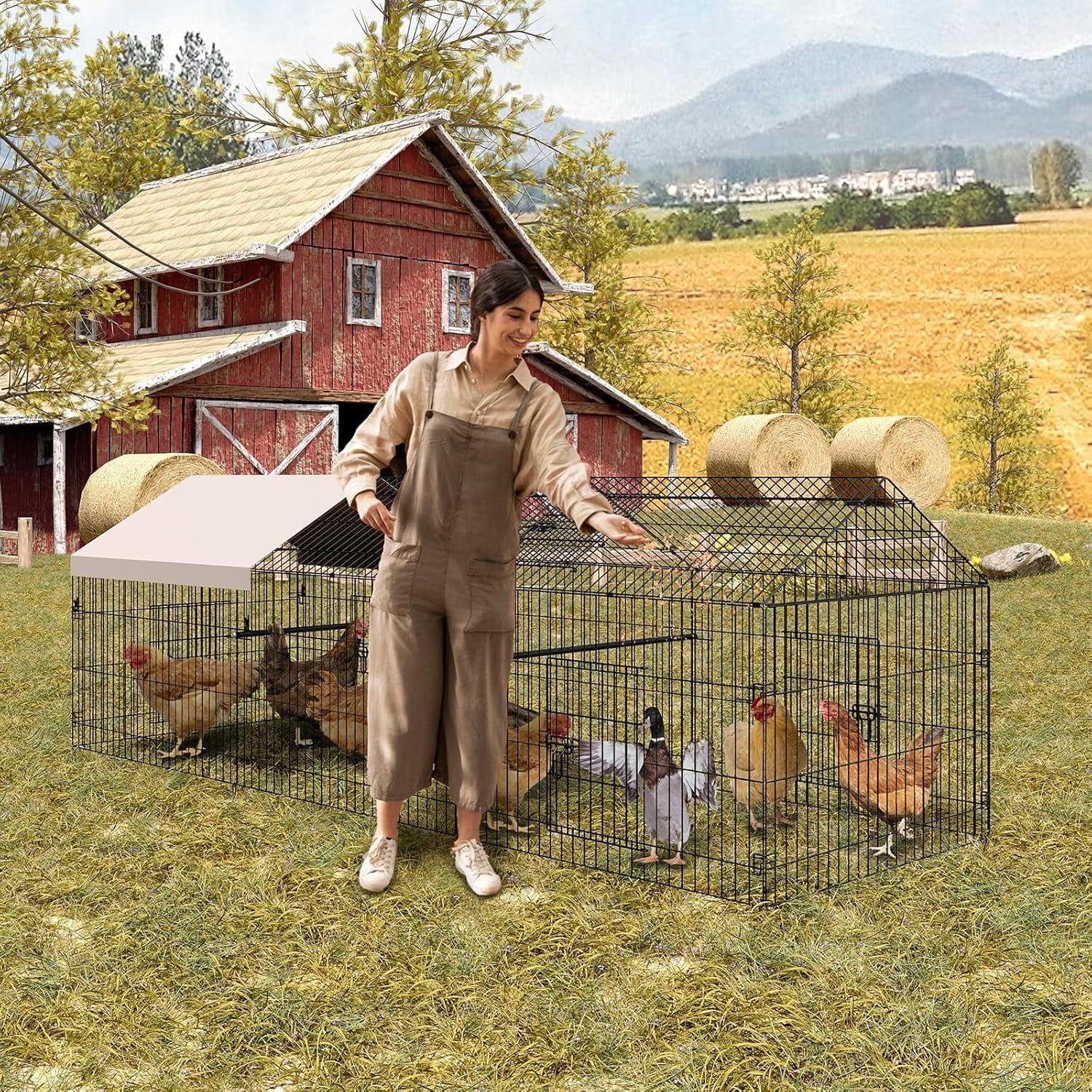 Metal Chicken Coop, Chicken Run Pen for Yard with Cover, Outdoor Metal ...