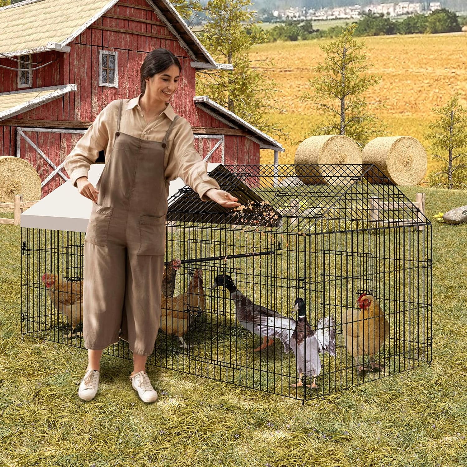 Metal Chicken Coop, Chicken Run Pen for Yard with Cover, Outdoor Metal ...