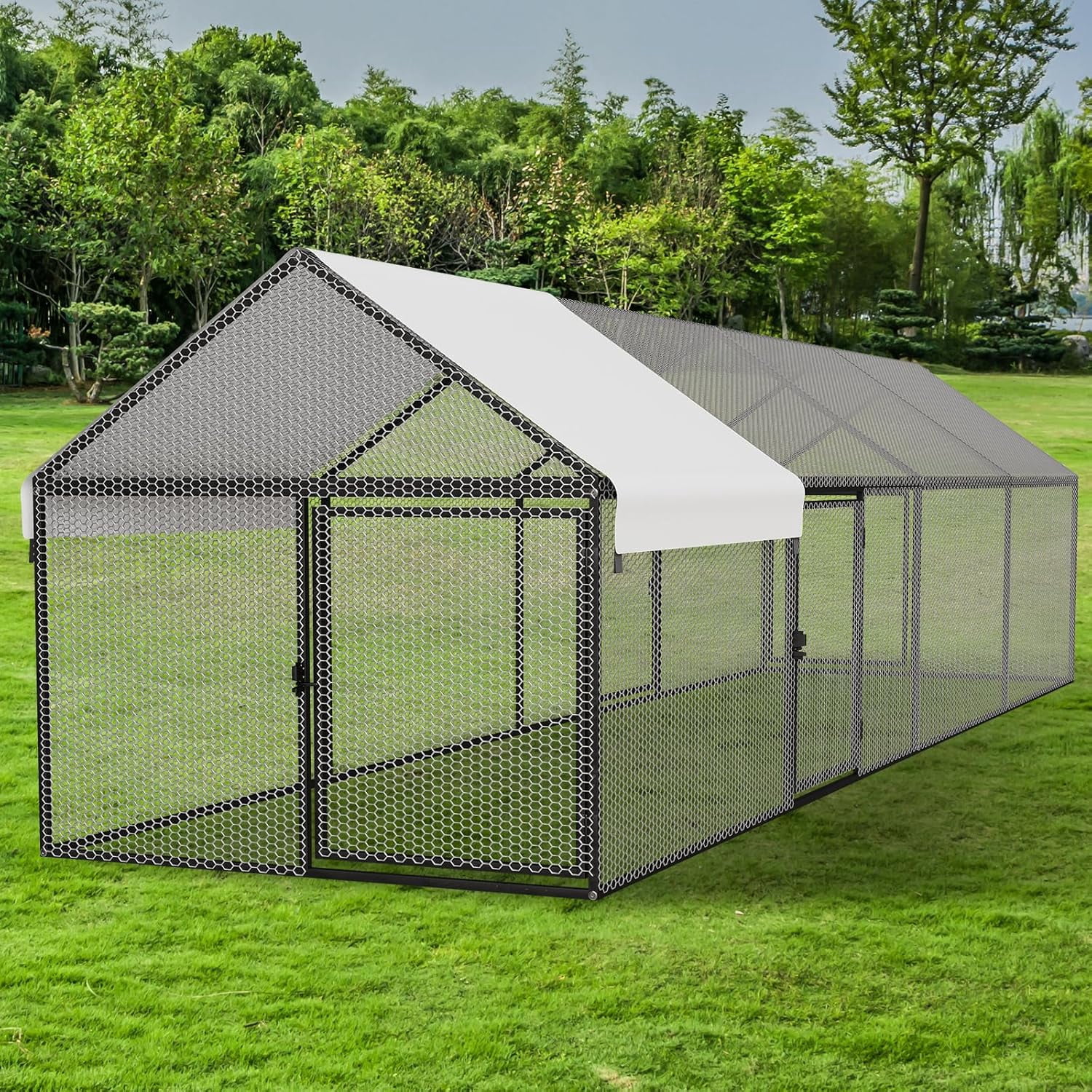 Metal Chicken Coop with Waterproof Cover, 157"x40"x40" Portable Poultry ...