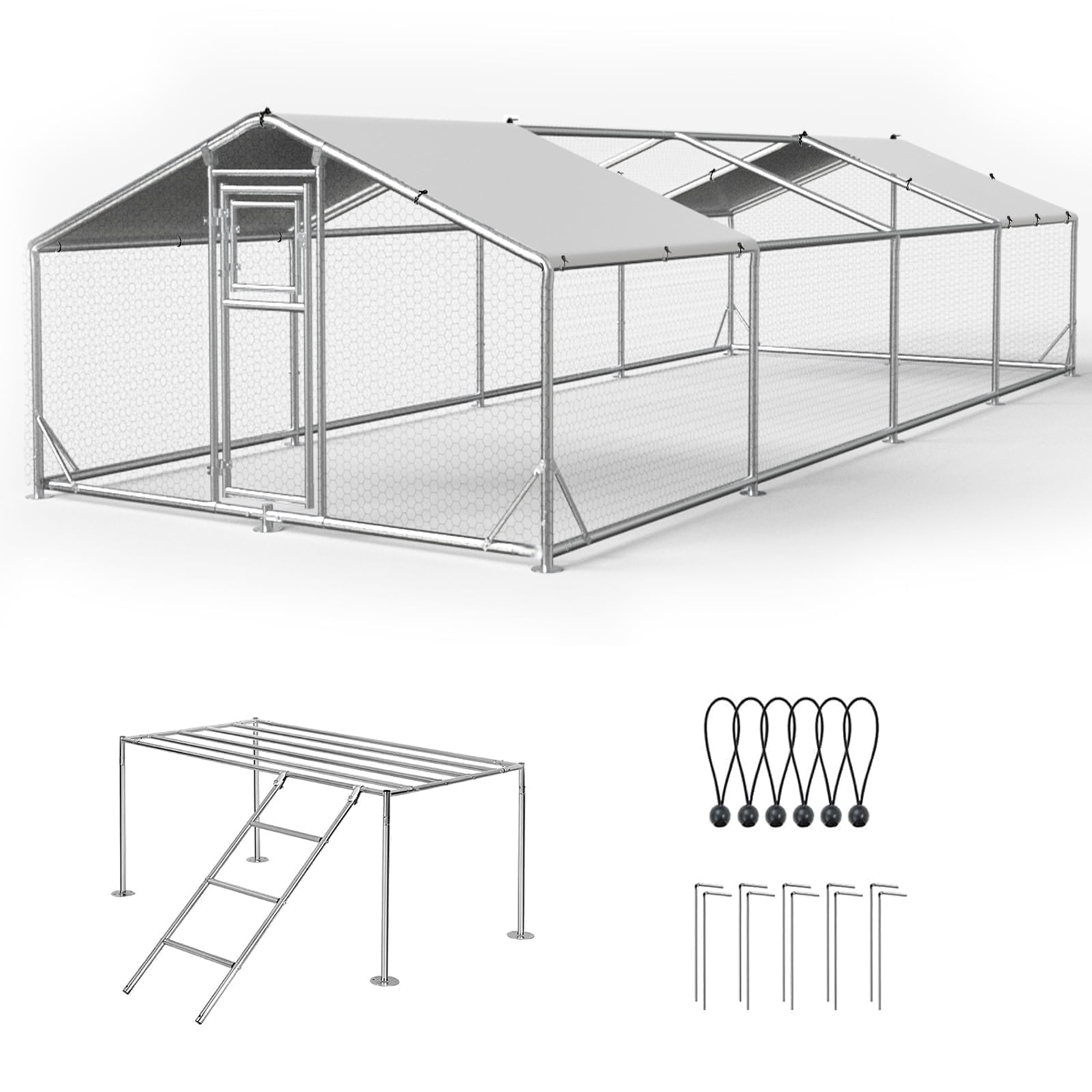 Sylviera Metal Walk-in Chicken Coop with Perch Ladder, 10x26x6.4FT ...