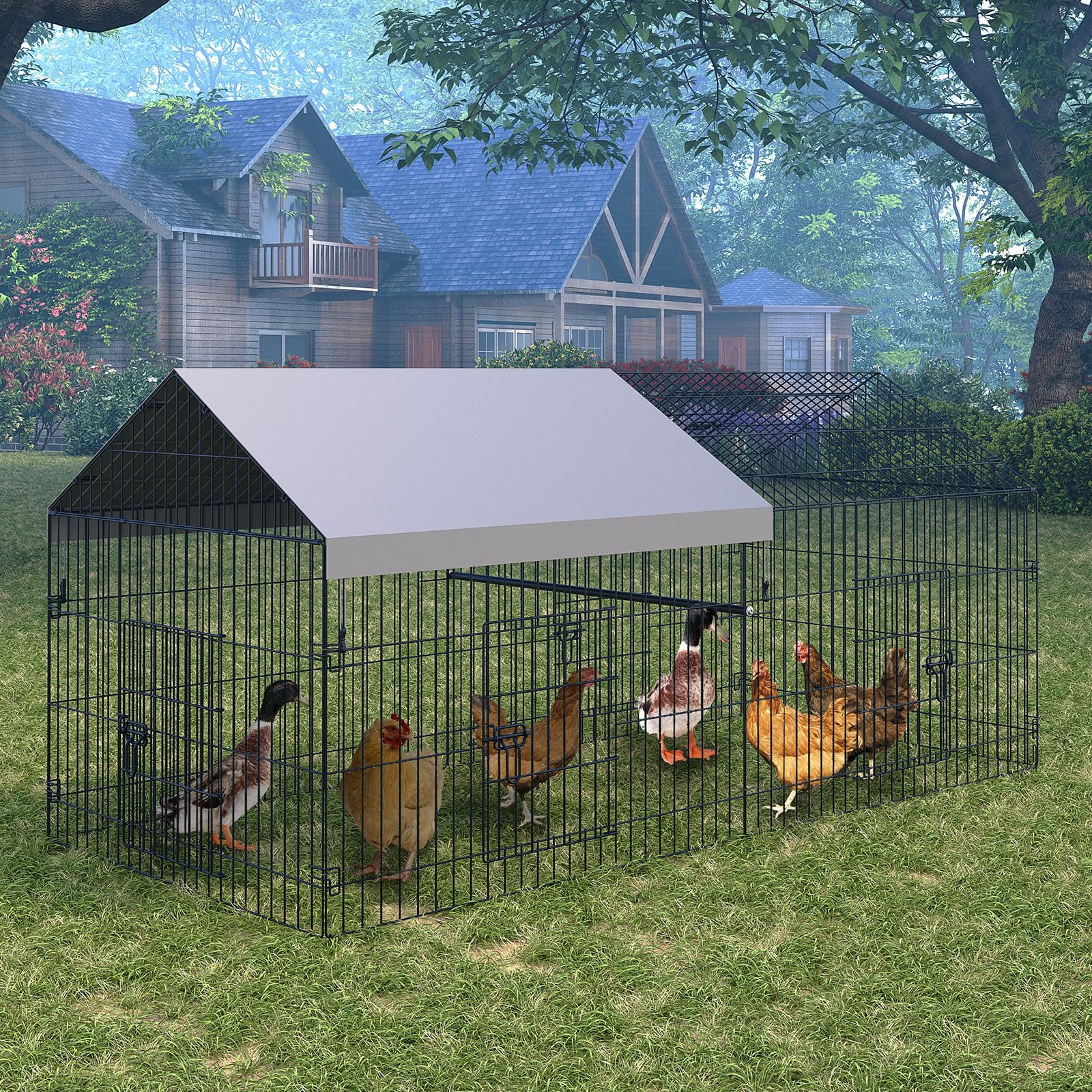 Metal Chicken Coop with Waterproof Cover, Portable Poultry Cage, Walk ...