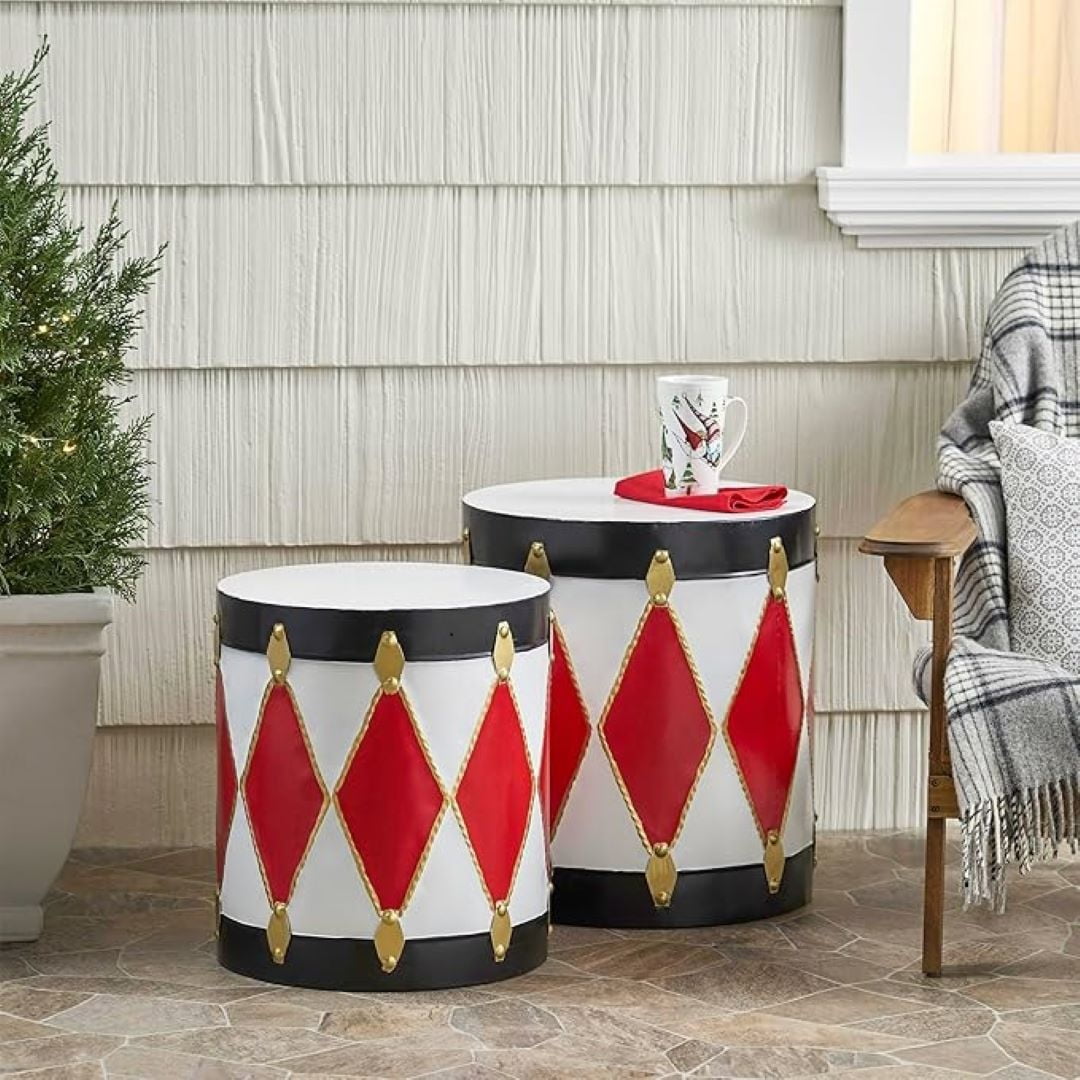 Metal Christmas Drum Decoration Set, Classic Harlequin Pattern Holiday ...