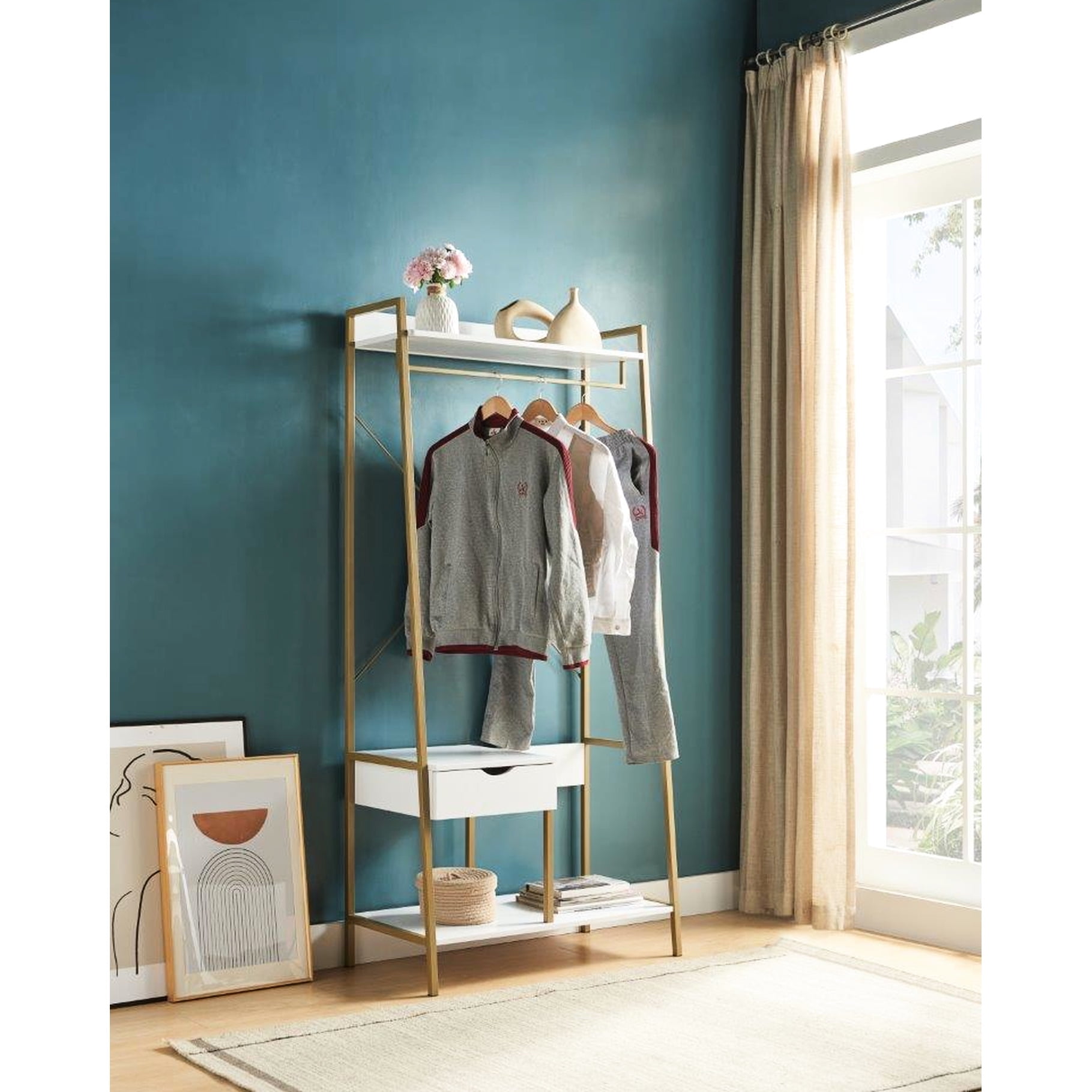 Metal Clothes Rack Open Wardrobe - Hanging Rod, Shelf, Drawer White ...