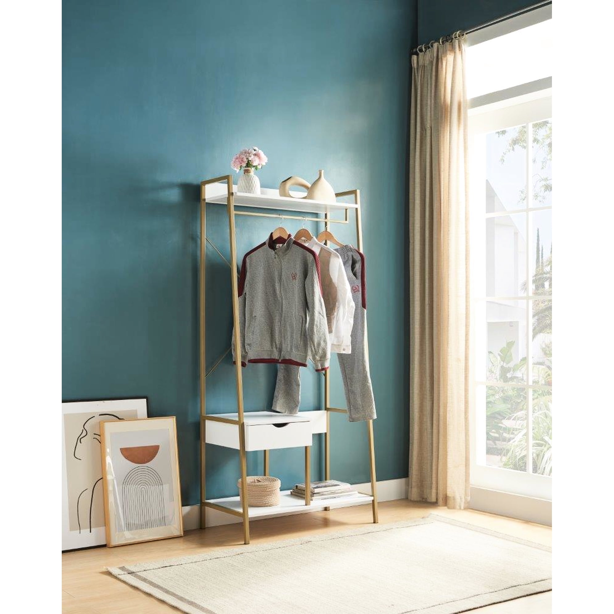Metal Clothes Rack Open Wardrobe - White & Gold Hanging Rod And Storage ...
