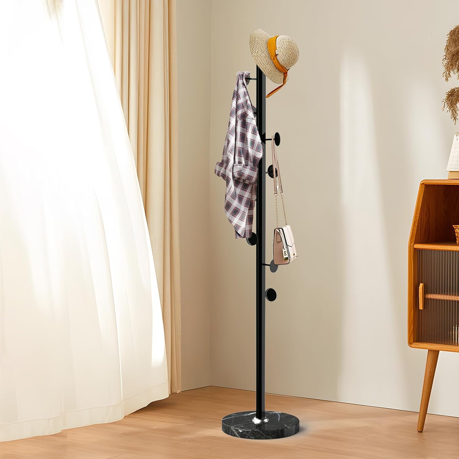 Metal Coat Rack Stand, Modern Freestanding Coat Rack with Natural ...