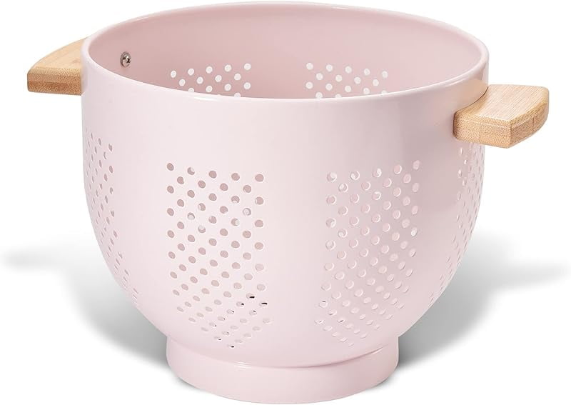 Metal Colander with Wood Handle and Stable Base, Powder Coated Steel ...
