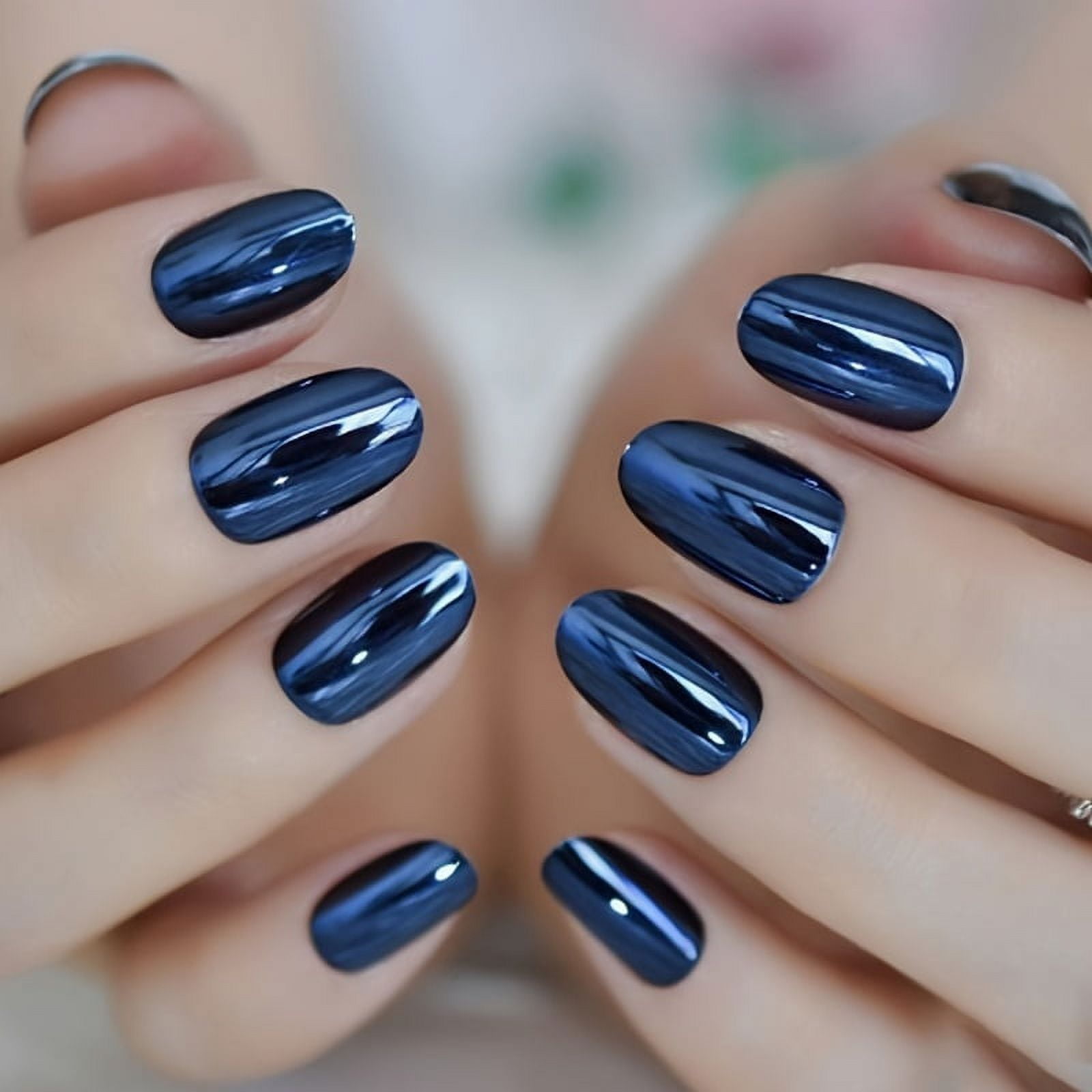 Metal Dark Blue Press On Nails Short Round Head Fake Nails Metallic ...